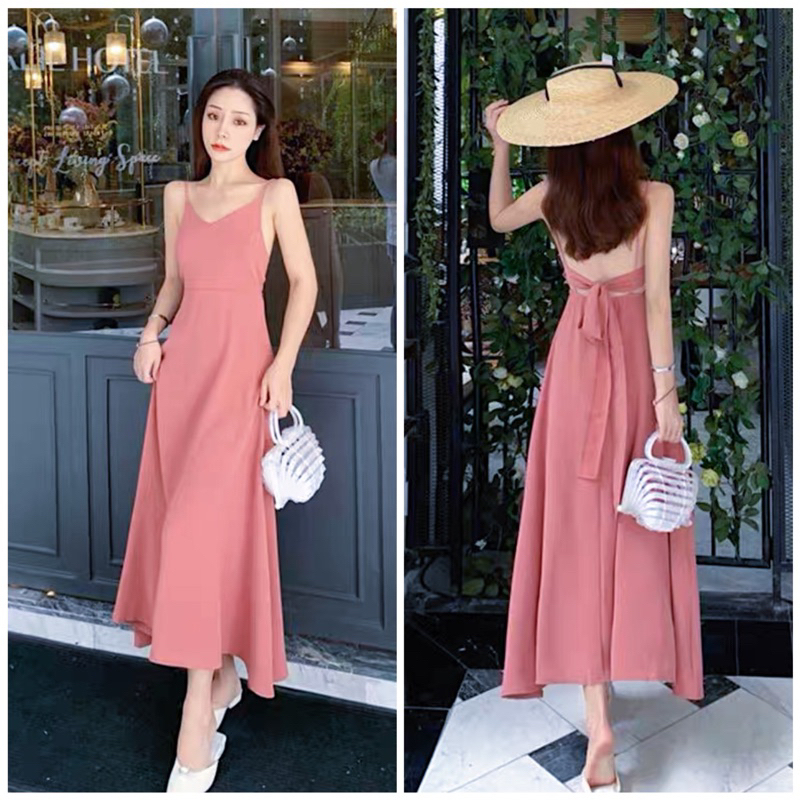 Pink beach maxi dress with back bow with breast pads (with real ...