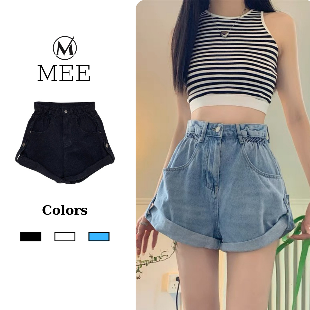 Mee.unii women's high-waisted wide-leg jean shorts with elastic waist ...