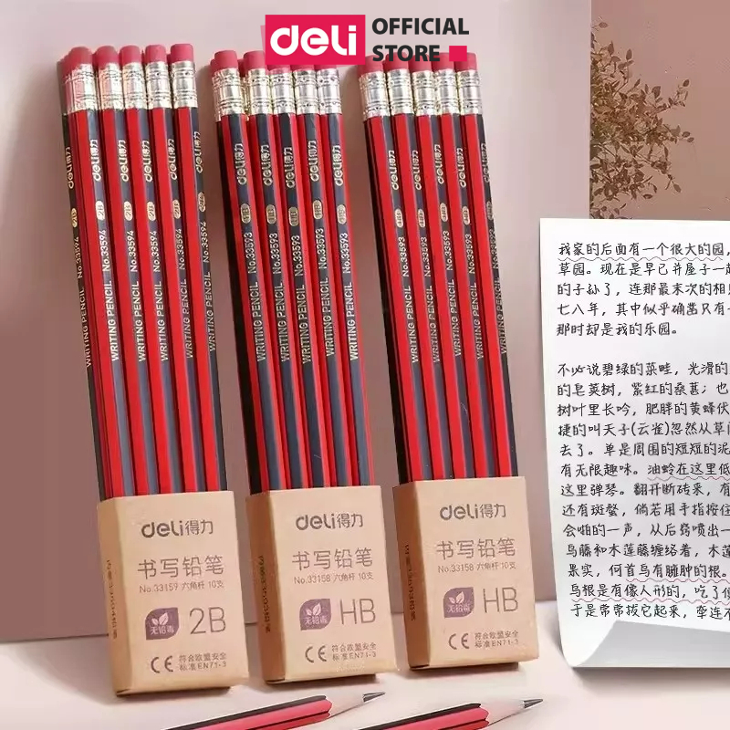 Combo of 10/12 2B HB Hexagonal Pencils with Deli Eraser - Easy to ...