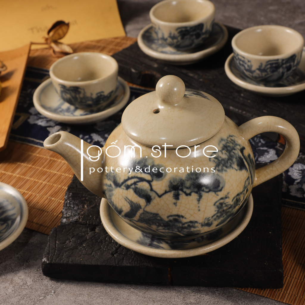 Bat Trang teapot with antique cracked enamel and top shape painted with ...