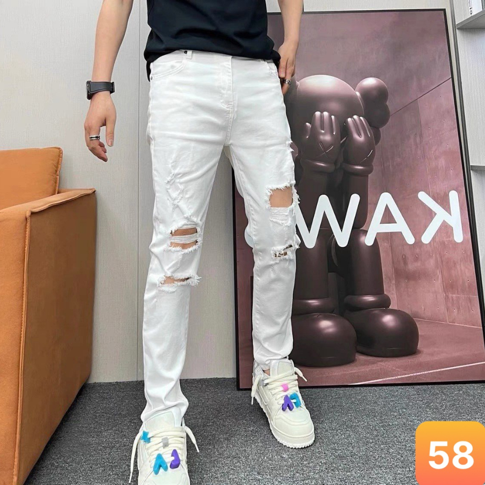Men's street jeans, plain white, ripped at the knee, high quality 4-way ...