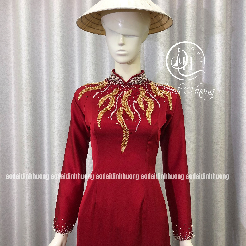 Dinh Huong queen silk middle-aged ao dai with dark red cuffs | Shopee Singapore