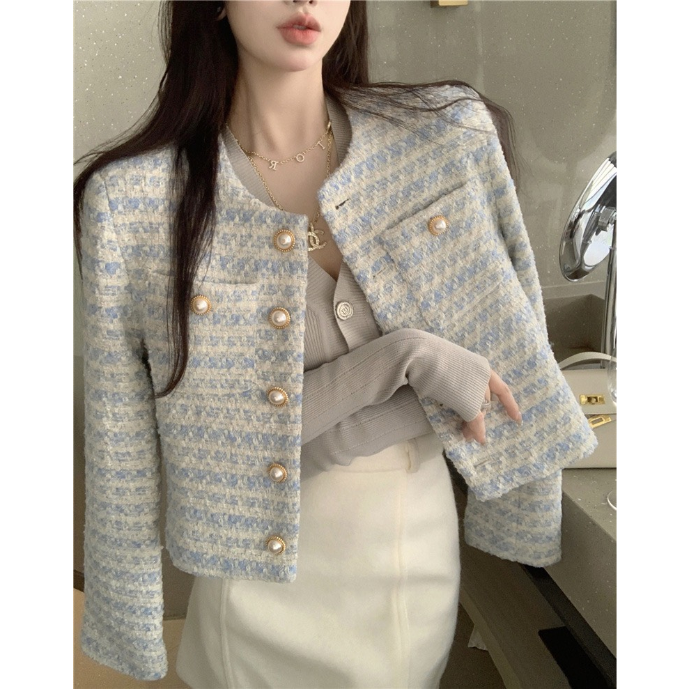 Jacket Tweed fabric in blue and pastel pink, short style with pearl ...