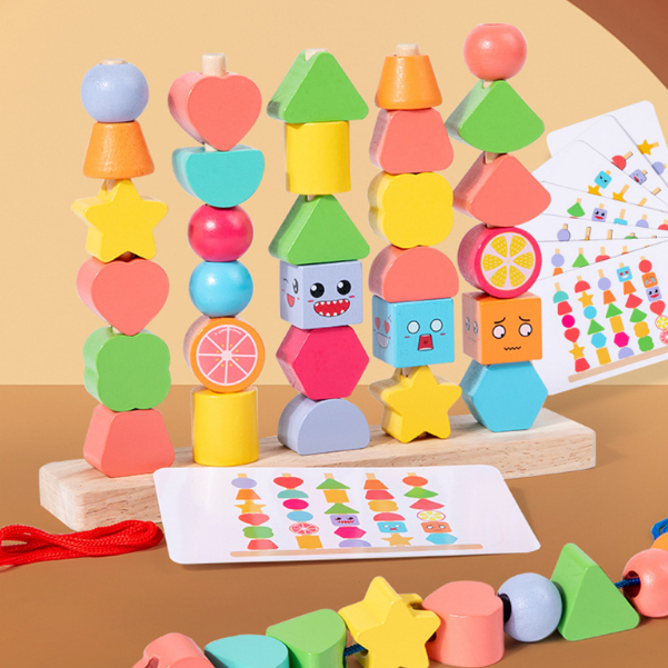Montessori wooden toys, wooden block puzzles, wooden bead strings ...