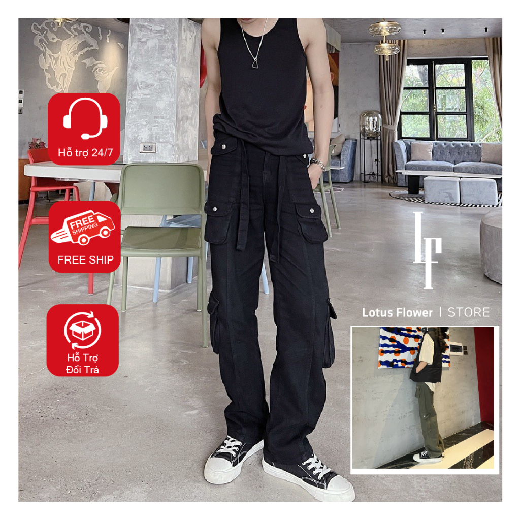 Lotus FLOWER men's wide-leg khaki Cargo Pants with adjustable waistband ...