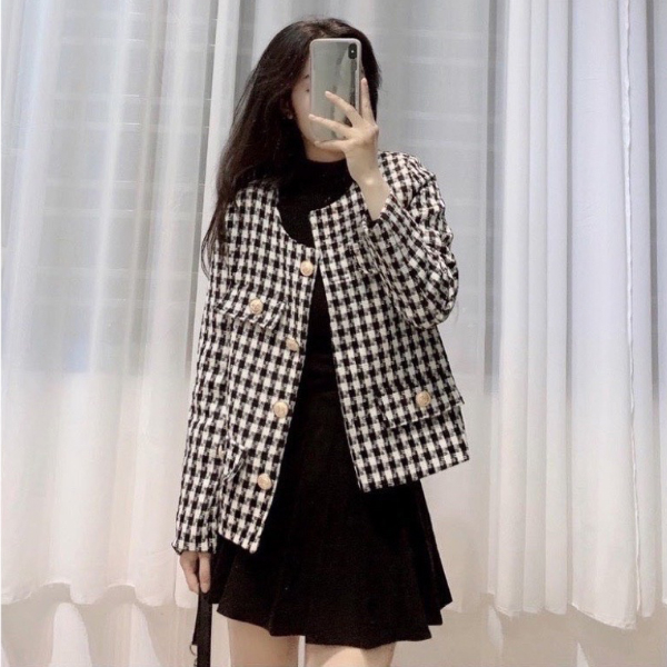 Thick black and white checkered 2-layer long-sleeved tweedJacket ...
