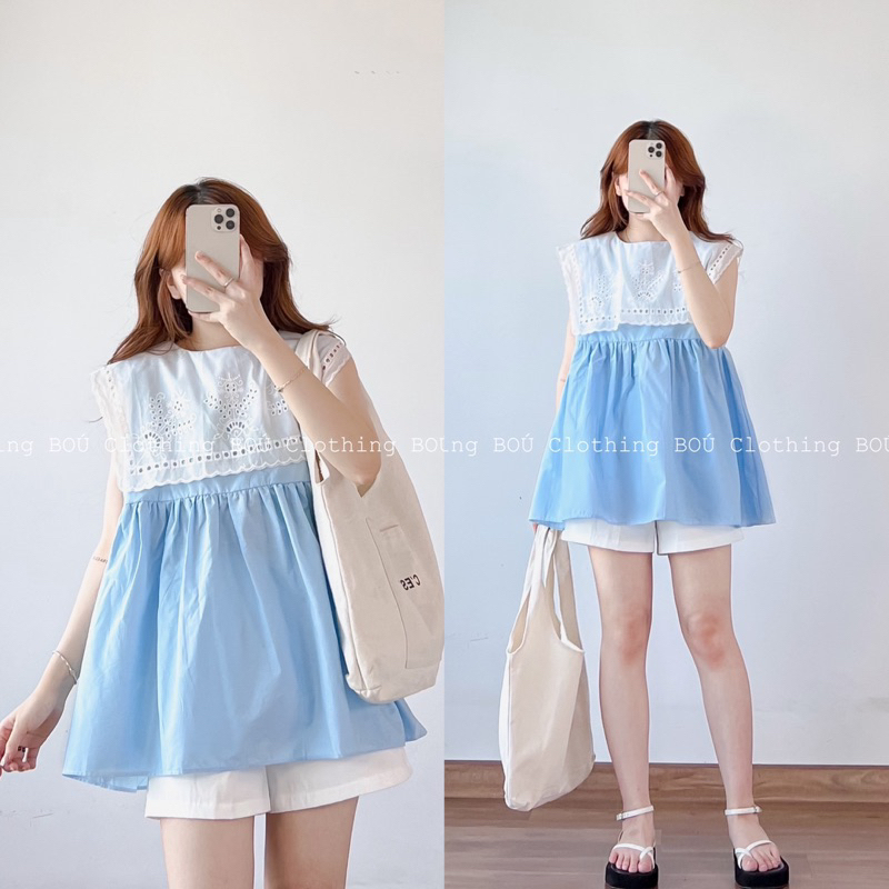 Babydoll shirt Set with blue lace + white stripes BOÓ Clothing (real ...