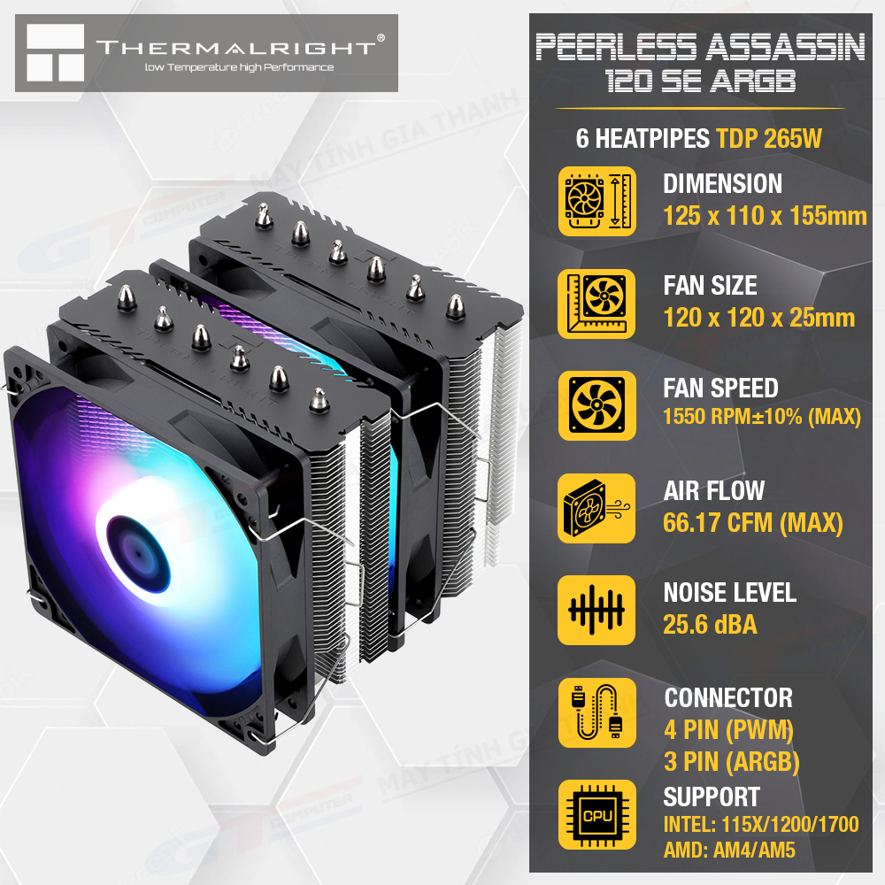 Thermalright Peerless Assassin 120 SE ARGB CPU Cooler (Dual Tower, 6 Copper Tubes) - Supports ...