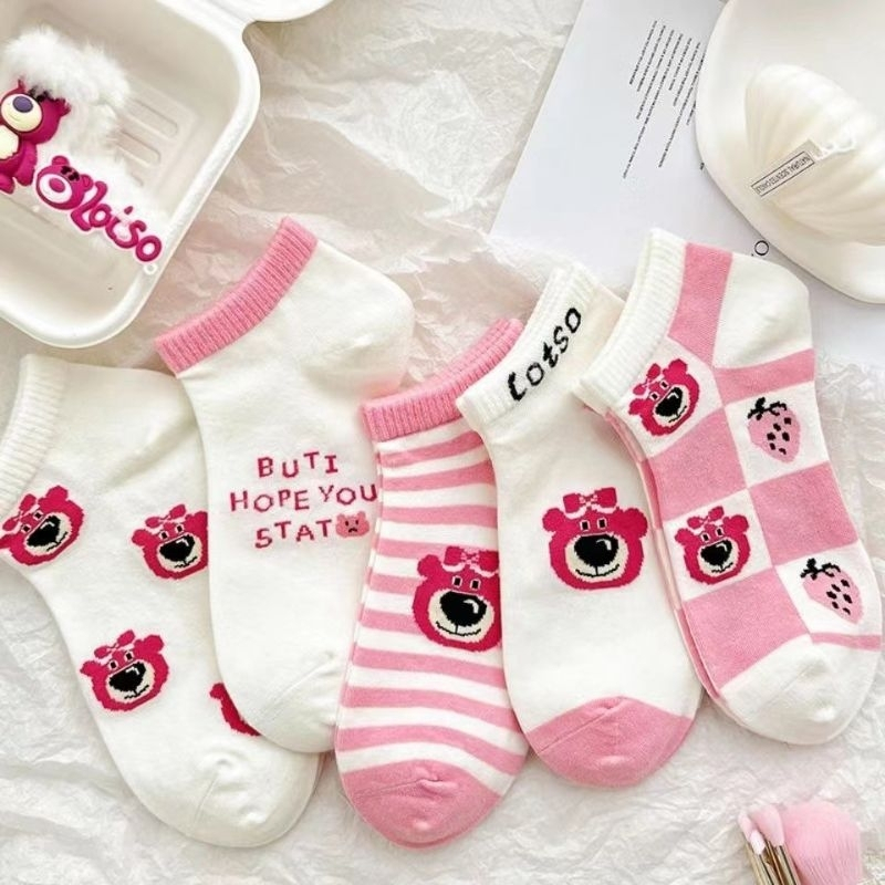 Set of 5 pairs of cute and sweet short-neck lotso pink bear socks ...
