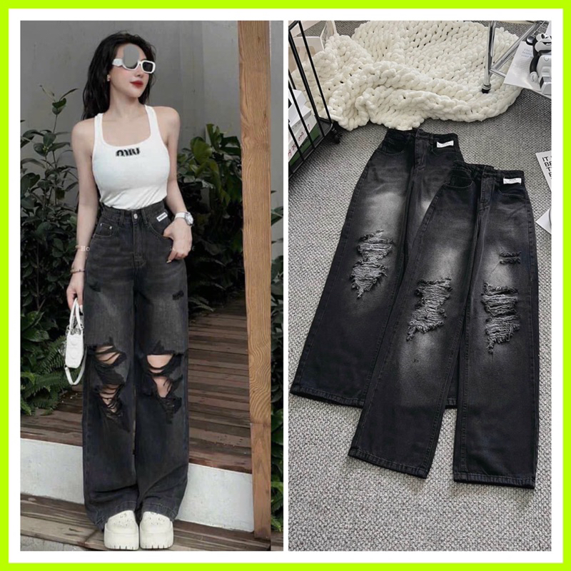(JEAN) Women's high-waisted wide-leg jeans, black and gray, torn ...