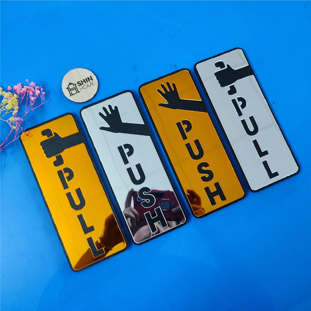 Pull push laser cut mirror panel with instructions for pulling and ...