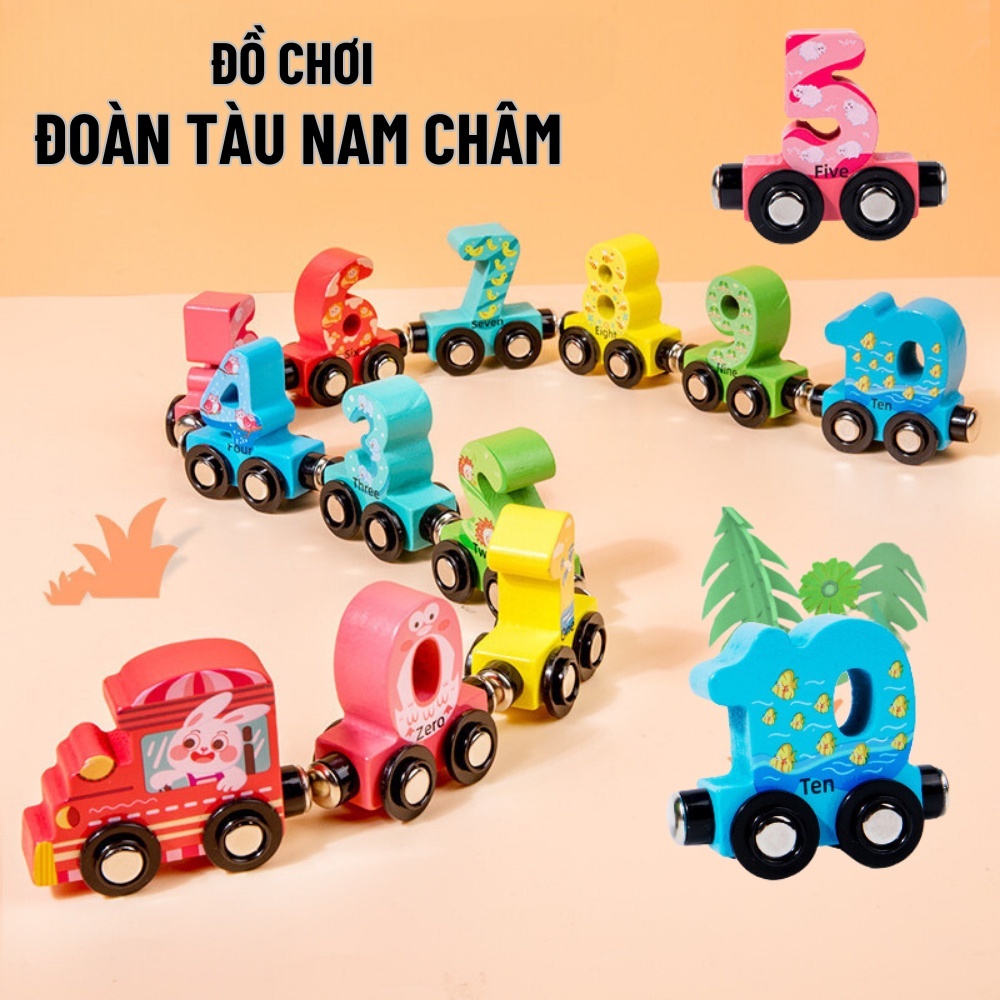 Magnetic train toy with letters and numbers with 12 wooden carriages ...