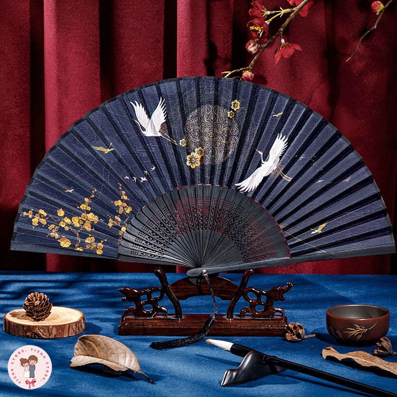 (Up) Handheld Bamboo Fan with Flower Print Classic Summer Chinese ...