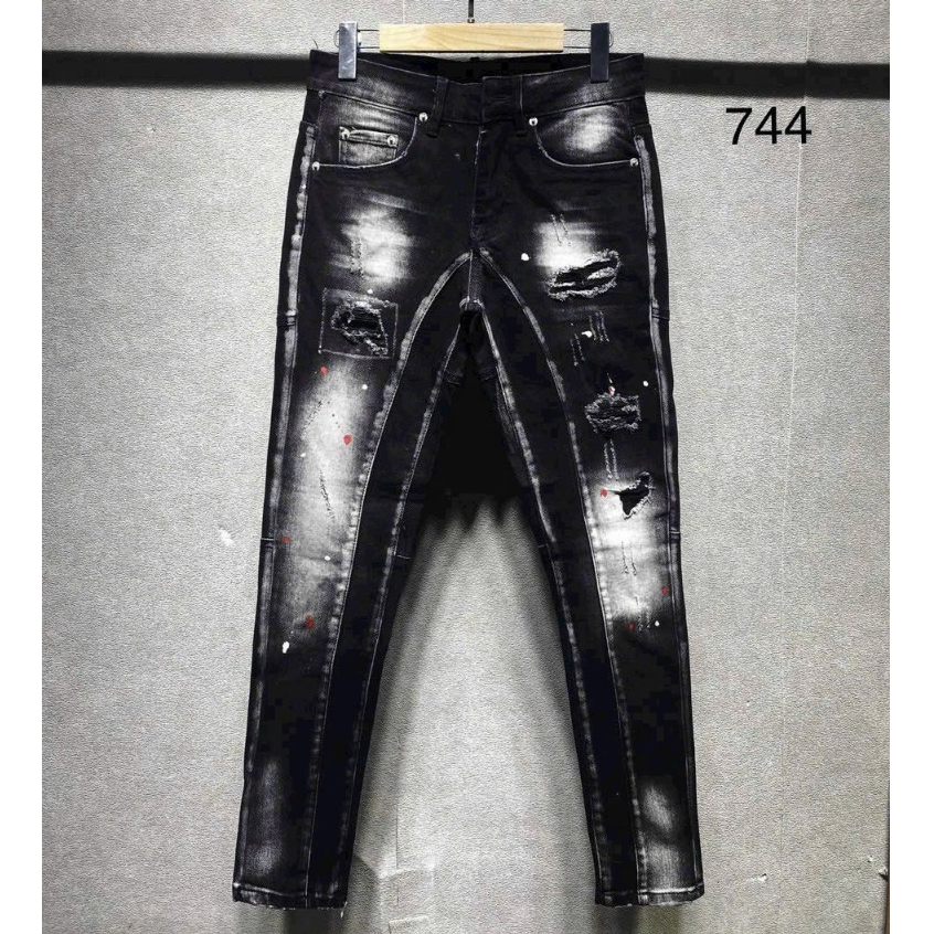 Men's long black ripped paint-splattered jeans with 2 bottoms, thick ...