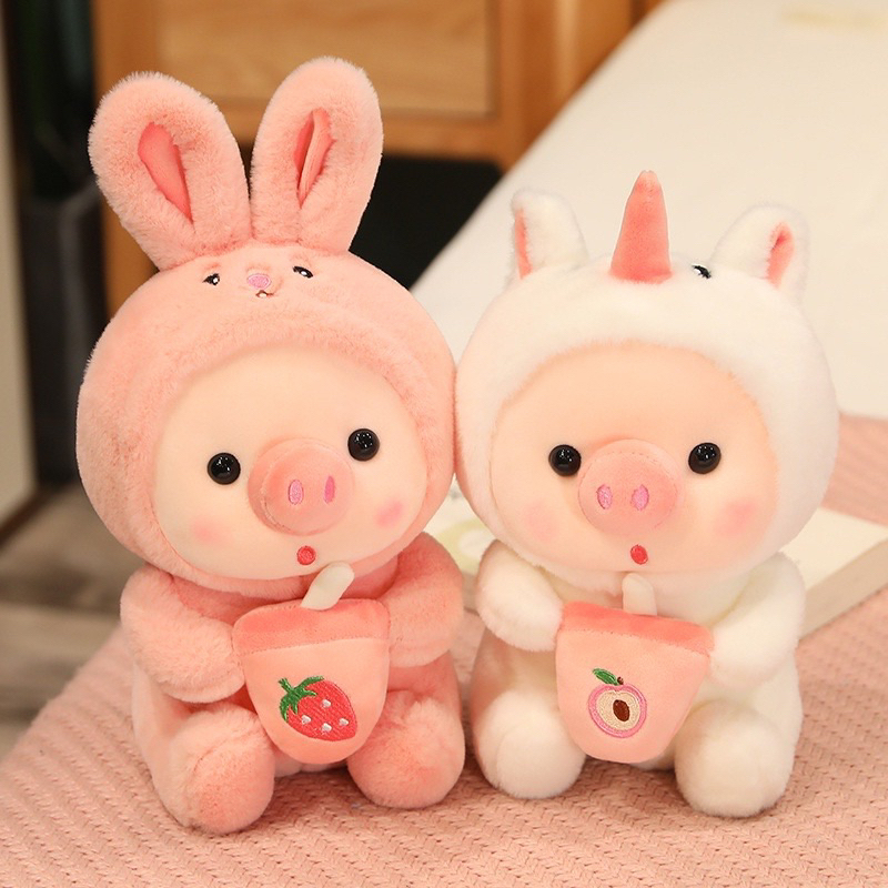 Super cute pink pig teddy bear wearing strawberry bunny hat - class 1 ...