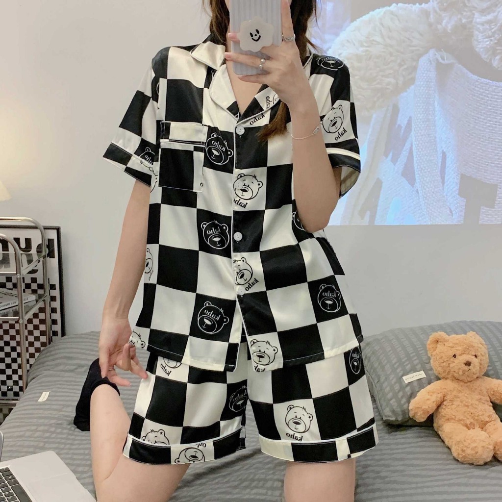 Short Silk Pajama Set with Cartoon Pattern Black Tone WIDE FORM FS 60kg ...