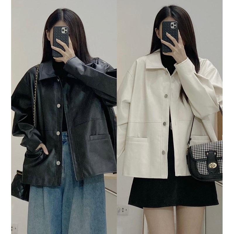 LeatherJacket ”MINDI” BUTTON COLLAR WITH WIDE FORM BELLY POCKET ...