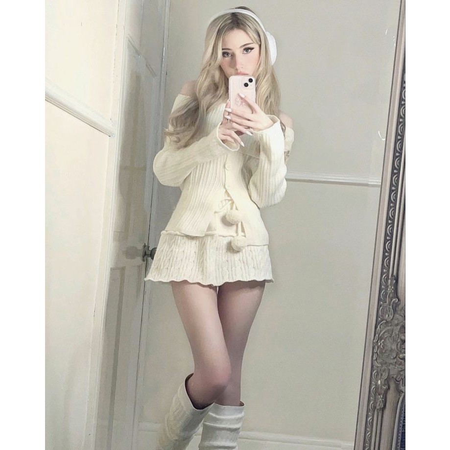 Snow angel Set - winter off-the-shoulder sweater, cute y2k coquette ...