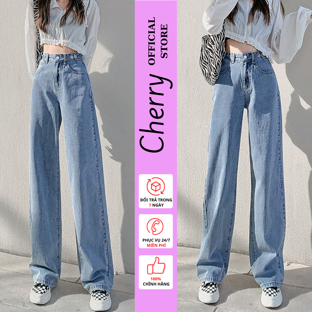 Cherry women's wide-leg jeans with adjustable buttons and high waist ...