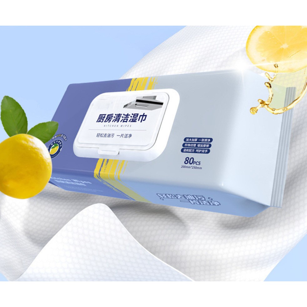 Multi-purpose kitchen wet wipes help remove lemon-scented grease (small ...
