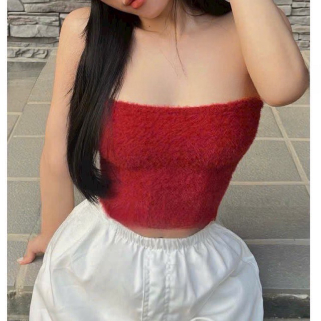 Soft, solid color slim-fitting fur tube top with invisible inner lining ...