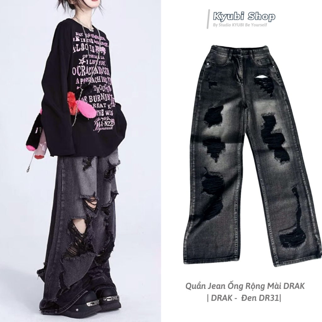 Women's ulzzang straight-leg jeans with high waist and ripped knees ...