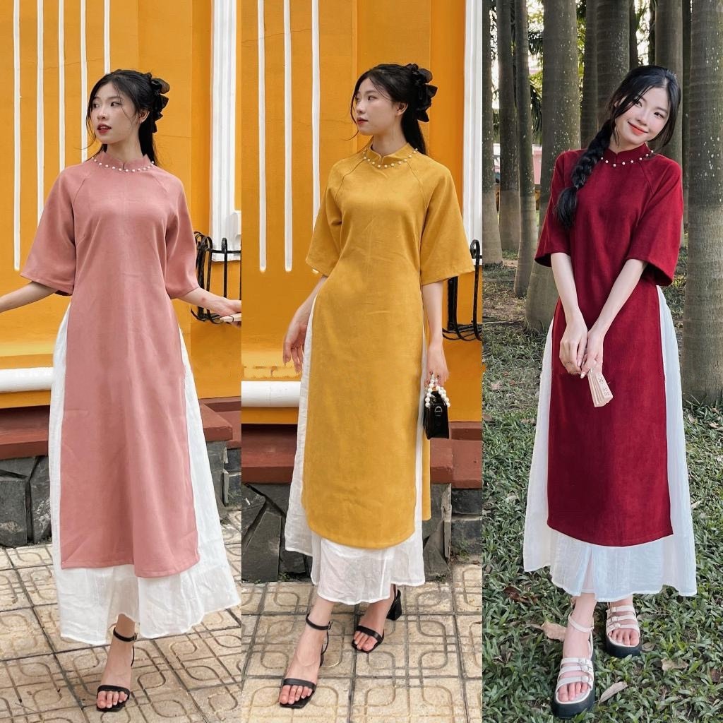 Modern velvet ao dai Set with pearls and half sleeves with skirt, ao ...