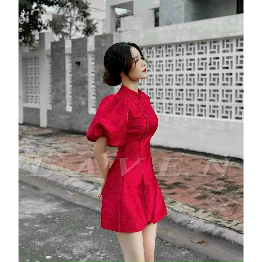 [CNY 2024] Red-neck Short-Sleeved Puffy-Neck Red Dress For Her To ...