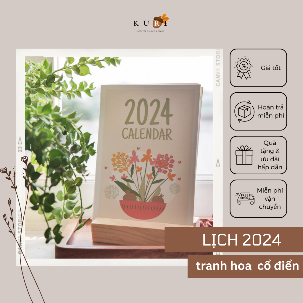 Calendar 2024, desk calendar, with wooden base, classic hand-painted ...