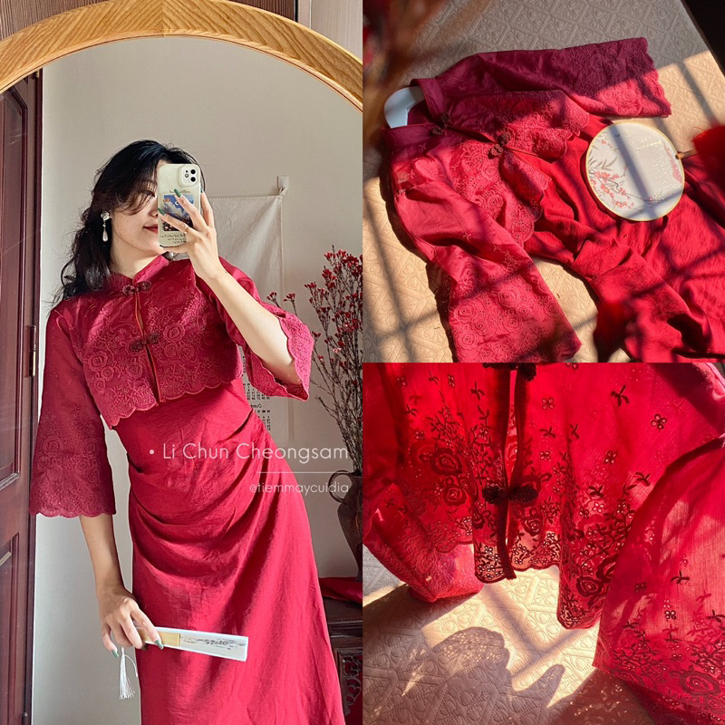 Traditional red two-layer embroidered spring cheongsam dress Set for ...