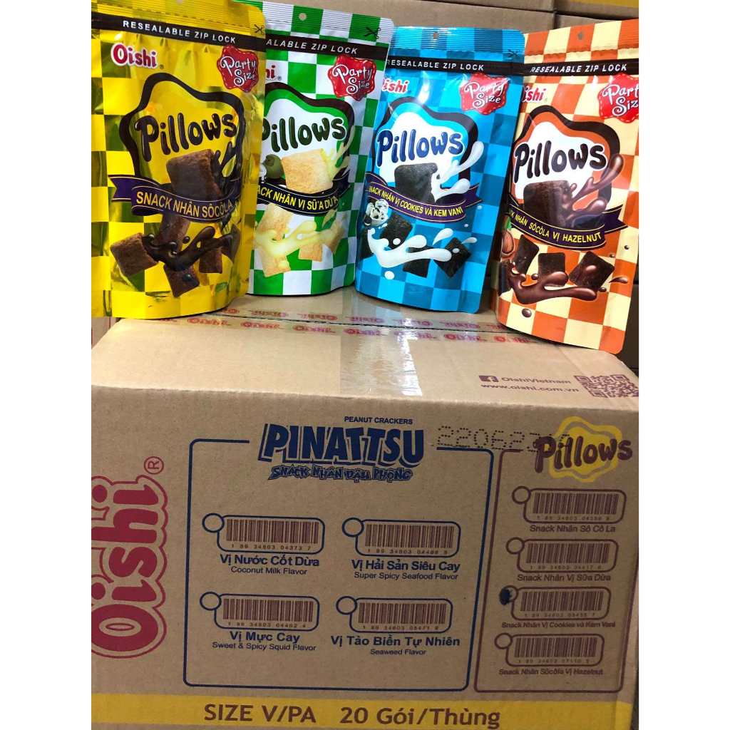 Box of 20 packs of Oishi Pillow snacks 80g zip bag with taro, chocolate, hazelnut, cookies and ...