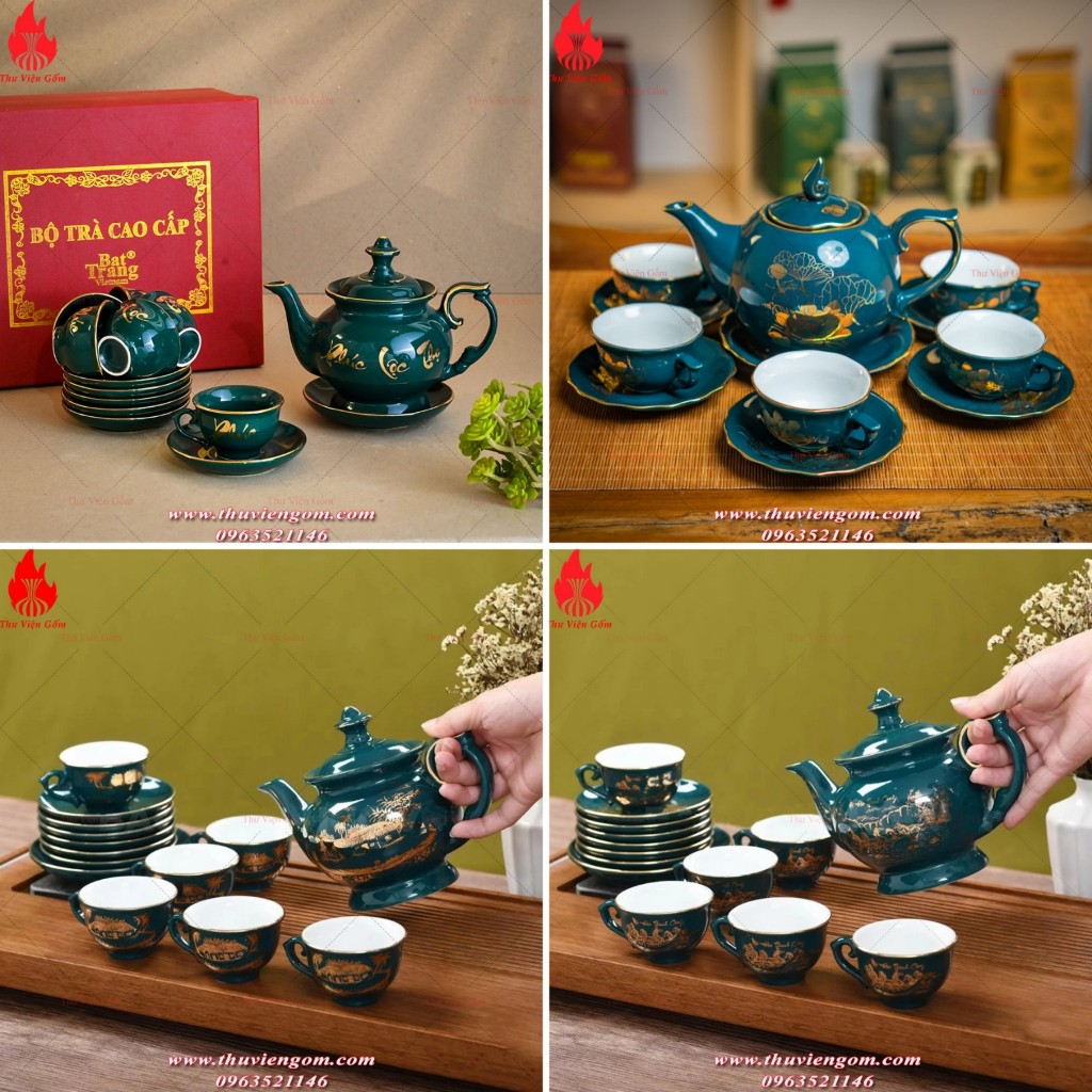 Bat Trang standard duck neck blue enamel tea set with gold painting ...