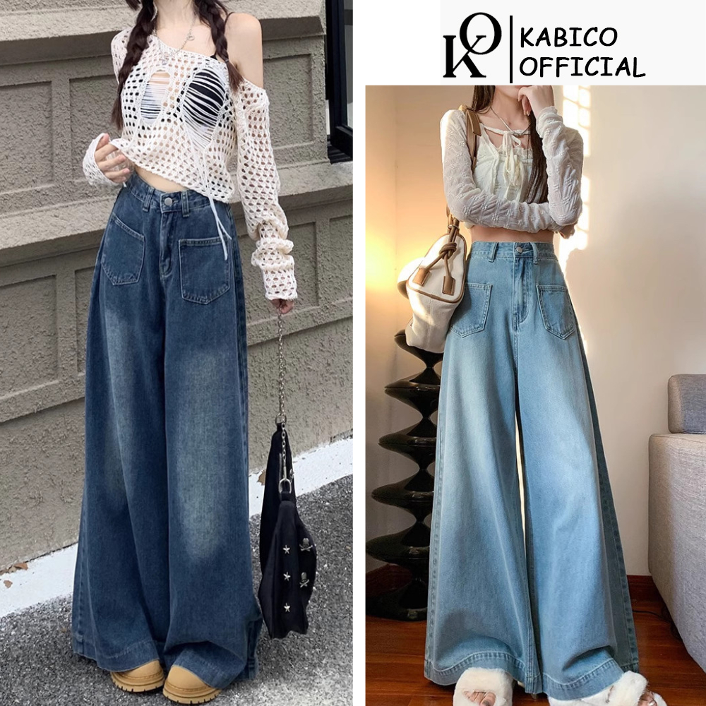 Women's wide-leg long jeans, KABICO women's high-waisted jeans Ulzzang ...