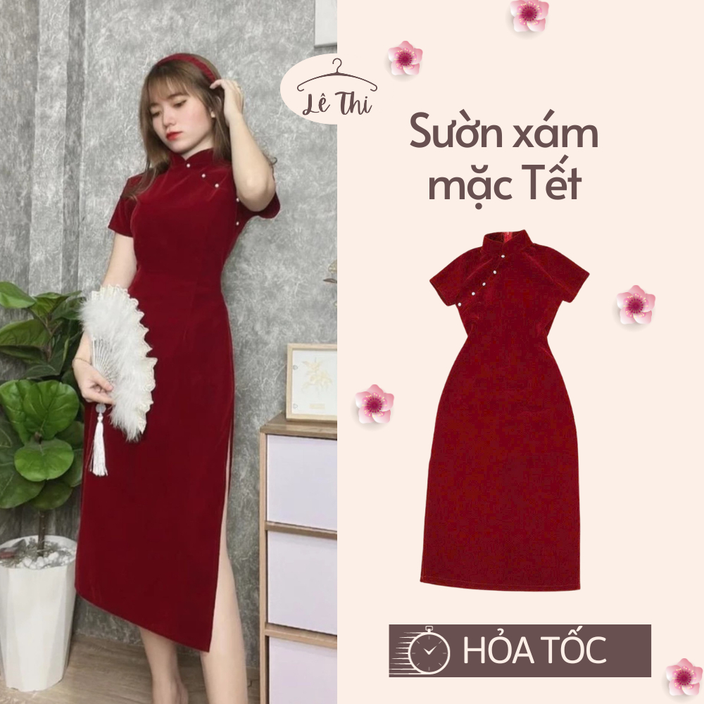 Body-hugging cheongsam with slit and beaded velvet train neck, super ...