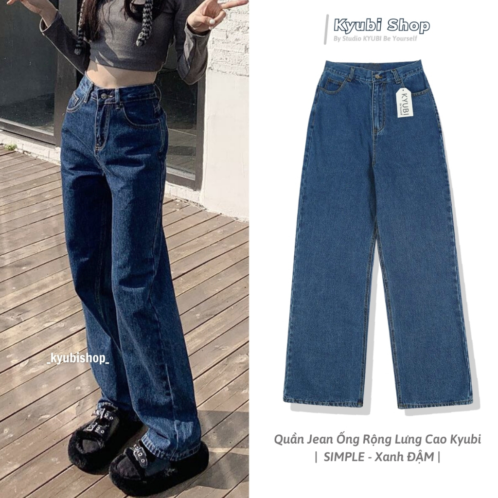 Ulzzang Kyubi women's dark blue high-waisted baggy wide-leg jeans with ...