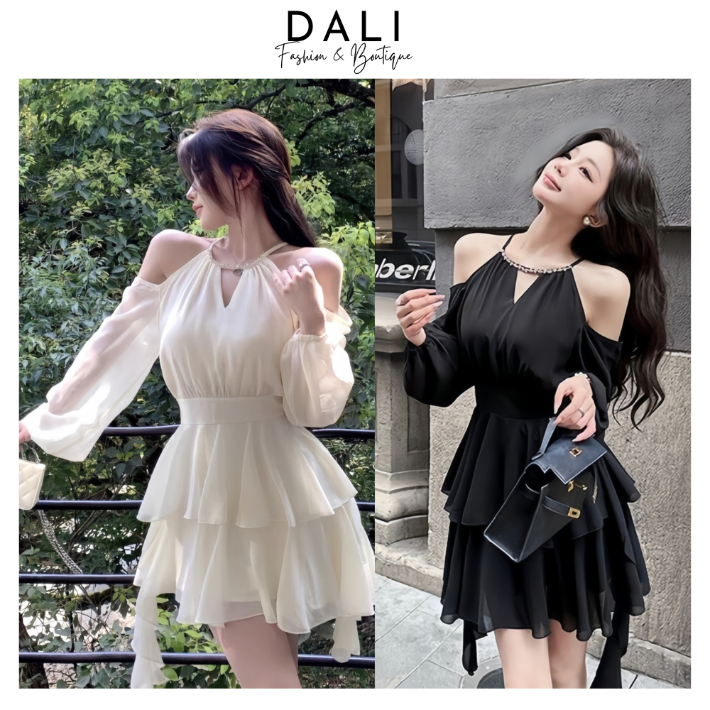 Soft Chiffon Party Dress Off Shoulder Collar with Pearl Strap and 2 ...