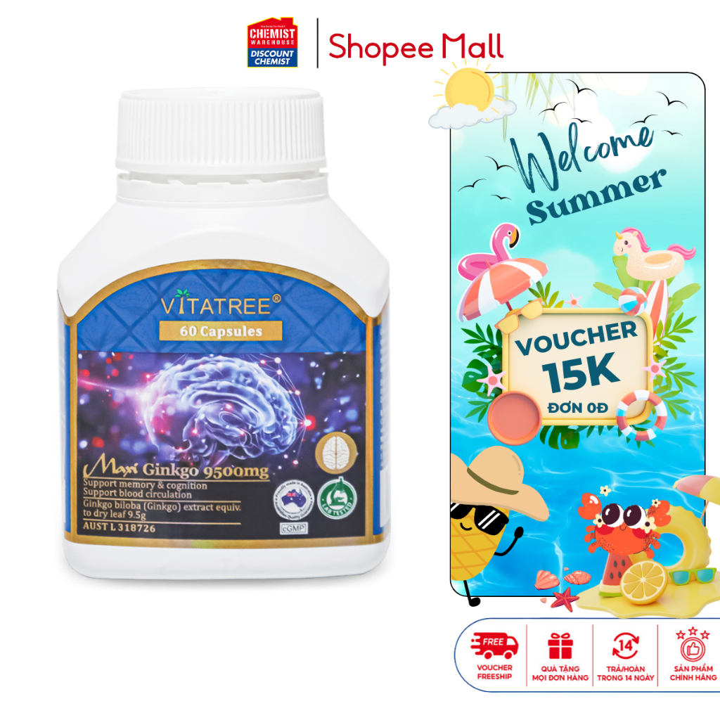 Brain supplement Vitatree Mega Ginkgo 9500mg Max 60 tablets helps brain ...