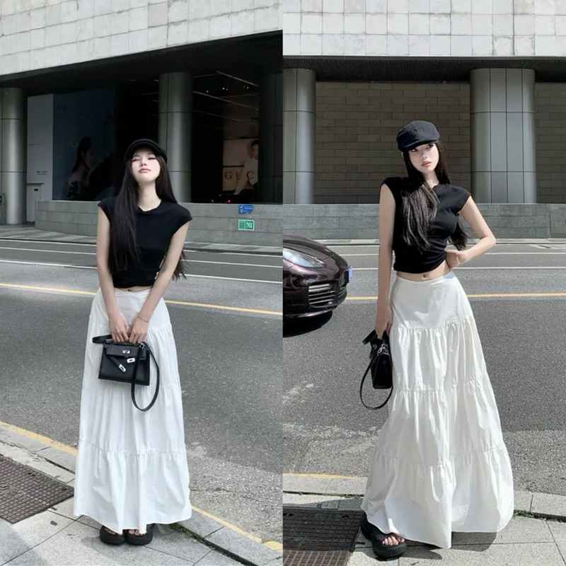 [S2.687] Set of Open Back Zip Shirt Mix White Layered Skirts 2 Thick ...