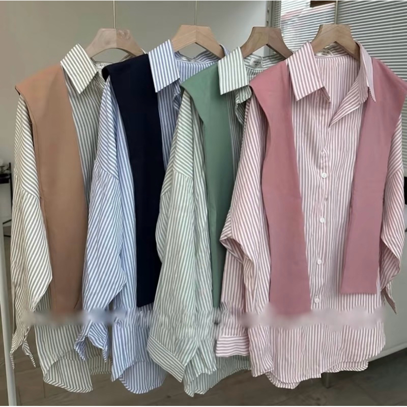 Women's striped shirt with SCARF, detachable over-sized somi shirt worn ...