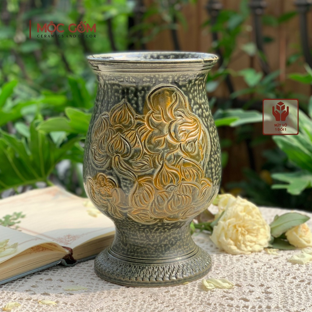 Small size engraved cup-shaped flower vase with lotus flower motif in ...