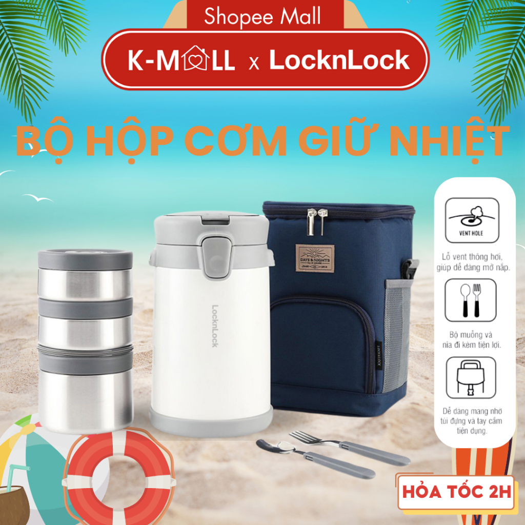 Locknlock LHC8039 2L White thermos lunch box set with storage bag, 3 ...