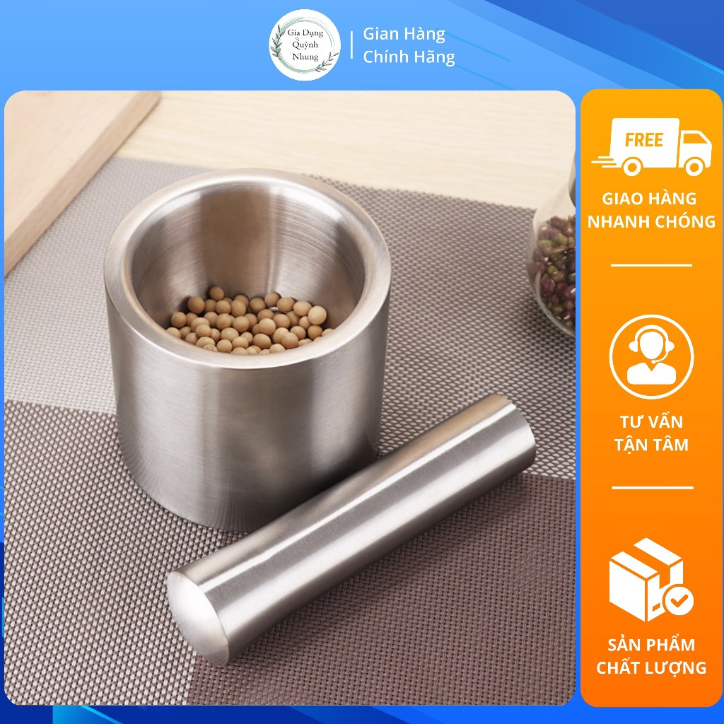 Solid cast stainless steel mortar and pestle set with lid, hand ...