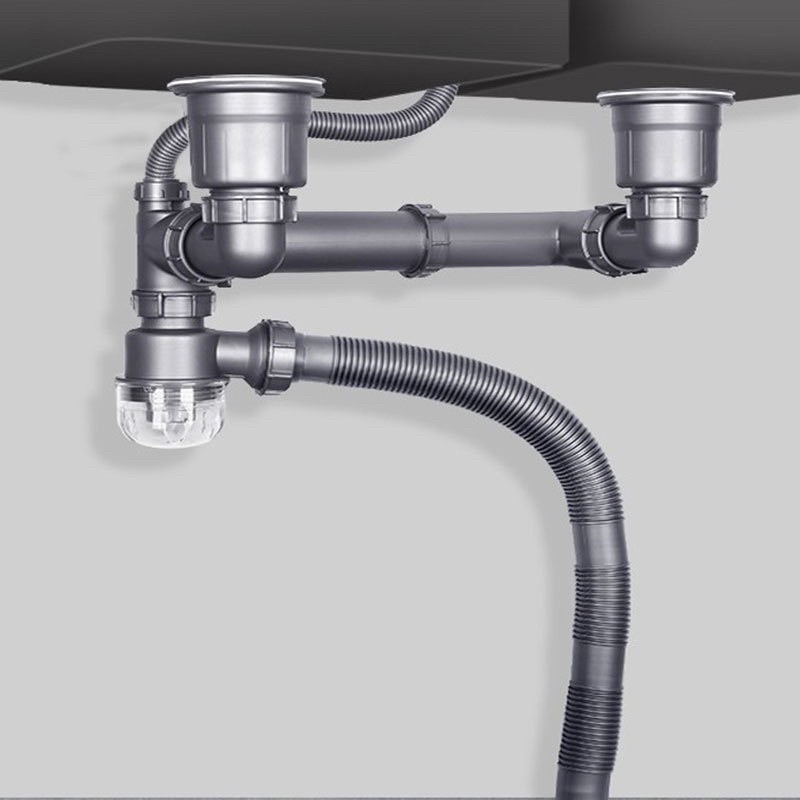 Stainless steel sink drain pipe with 2 compartments, left and right 2 ...