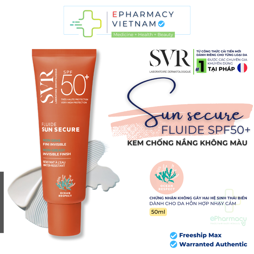 SVR Sun Secure Fluide Sunscreen SPF50+ For Sensitive Combination Skin ...