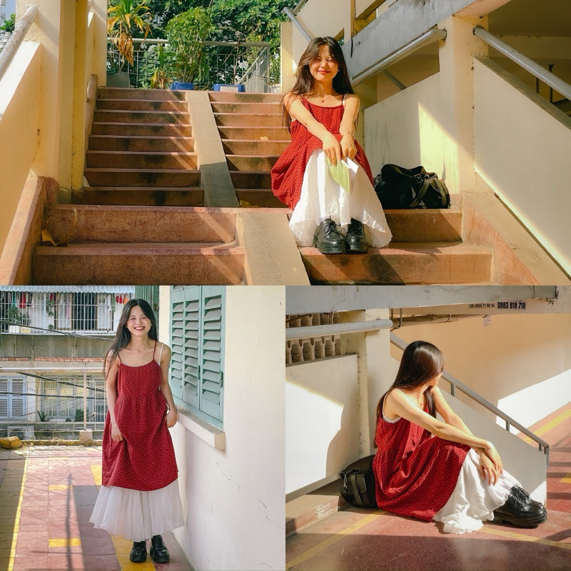 Red/Yellow 2-String Dress with Wide Flare Vintage Brilliant Muslin ...