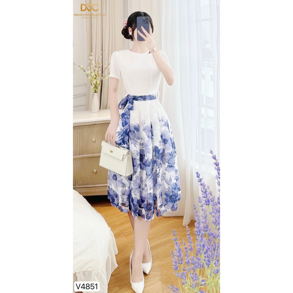 Dvc DESIGNED DRESS - V4851 - White lace flared dress and blue floral ...