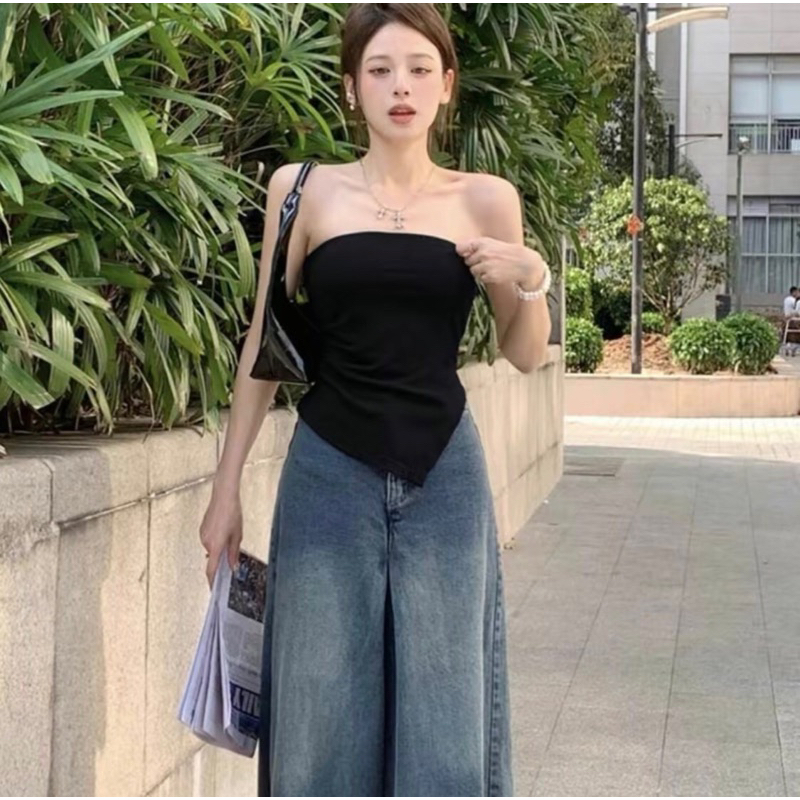 Women's slanted tube top with side slits, easy to wear, long ribbed ...