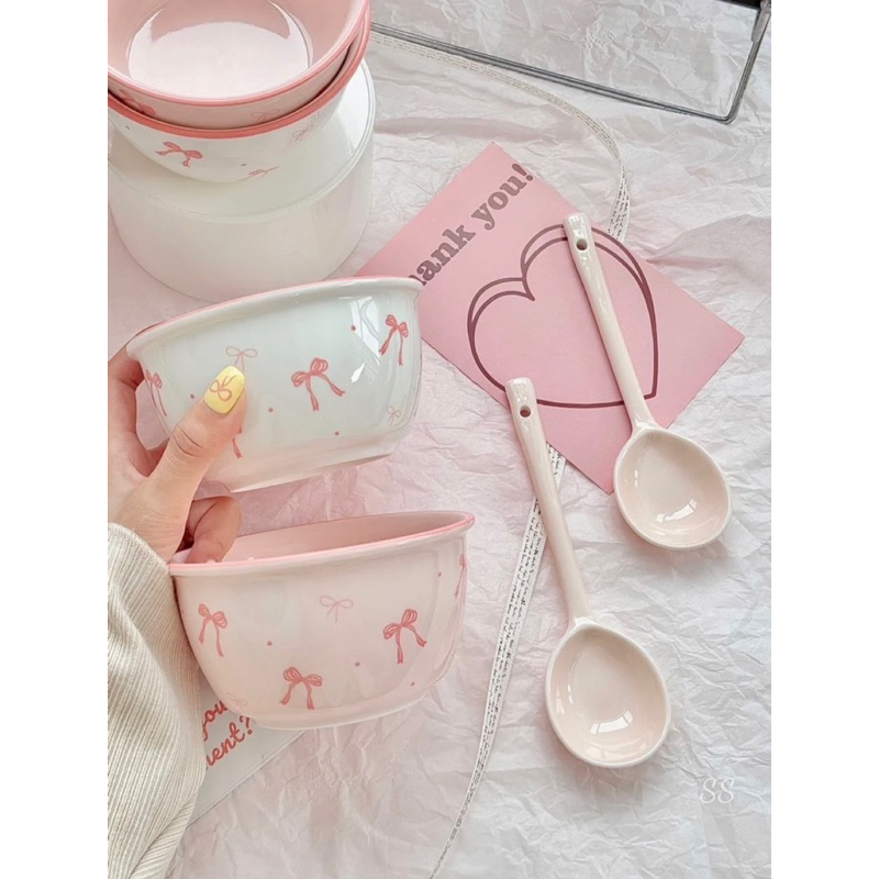 Cute Pink Bow-Shaped Porcelain Bowl Set (Set of 2 Bowls + 2 Spoons ...