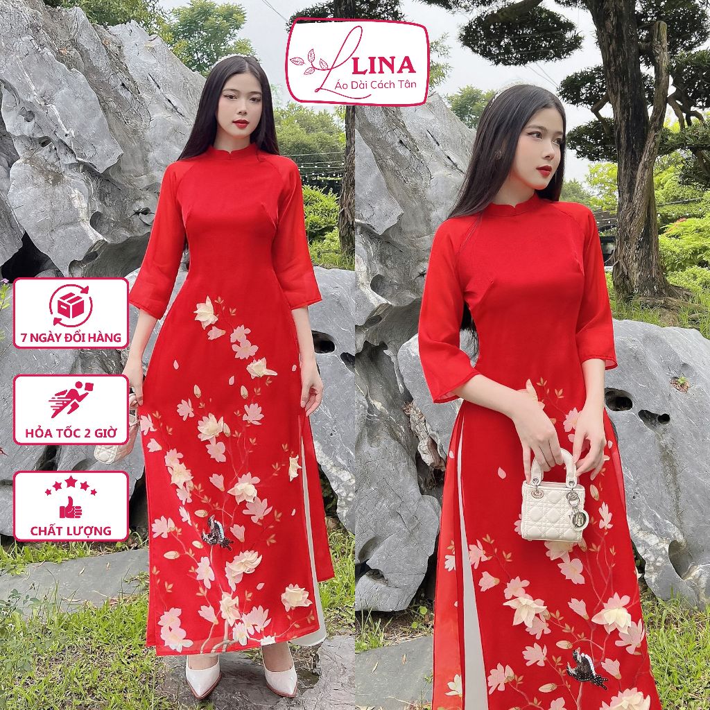 Innovative red female ao dai with organza silk material with short ...