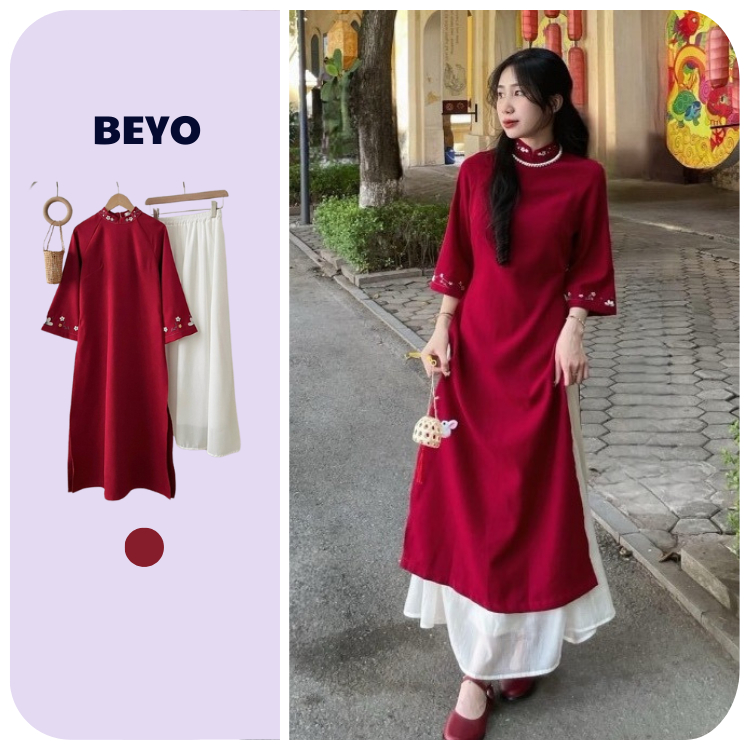 Beyo embroidered red ao dai Set with long chiffon skirt, hot CNY T024 ...
